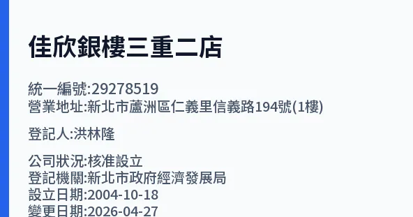 佳欣銀樓三重二店的照片-統編 29278519(新北市) 公司登記資料與營業項目詳細圖表