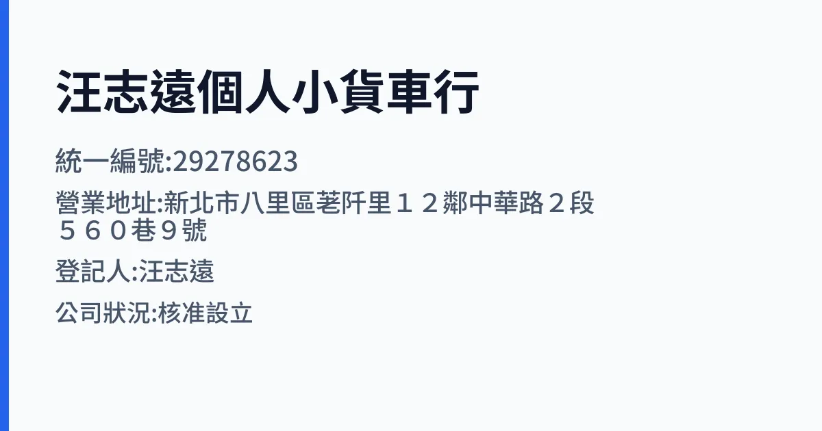 汪志遠個人小貨車行 - 統編 29278623(新北市) 公司登記資料與營業項目詳細圖表