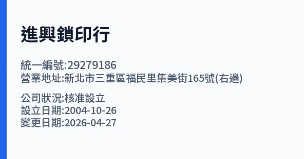 進興鎖印行的照片-統編 29279186(新北市) 公司登記資料與營業項目詳細圖表