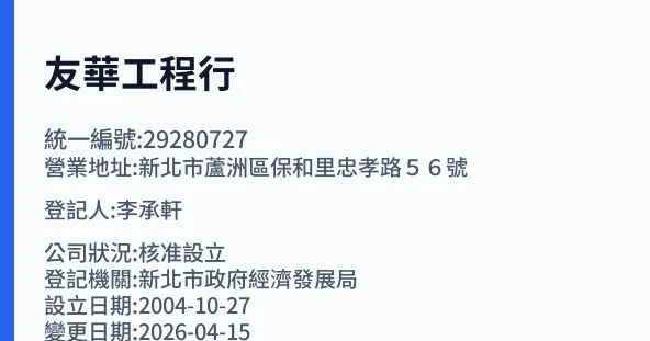 友華工程行的照片-統編 29280727(新北市) 公司登記資料與營業項目詳細圖表