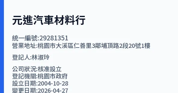 元進汽車材料行的照片-統編 29281351(桃園市) 公司登記資料與營業項目詳細圖表
