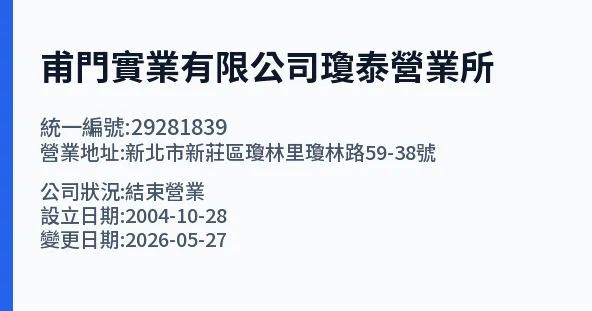 甫門實業有限公司瓊泰營業所的照片-統編 29281839(新北市) 公司登記資料與營業項目詳細圖表