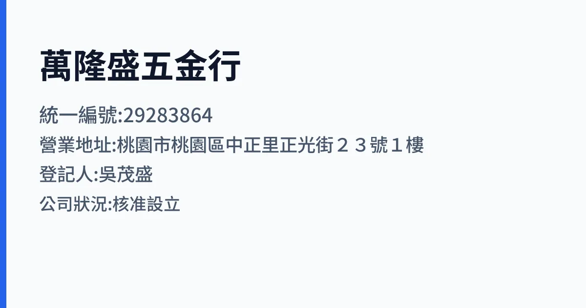 萬隆盛五金行 - 統編 29283864(桃園市) 公司登記資料與營業項目詳細圖表