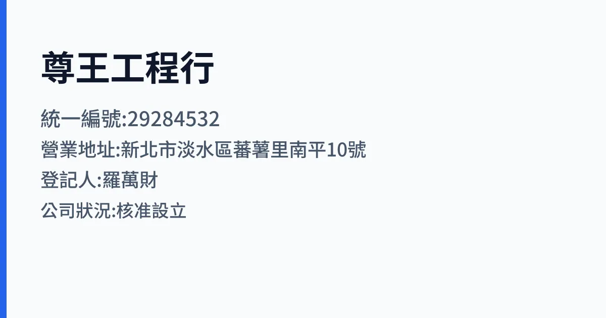 尊王工程行 - 統編 29284532(新北市) 公司登記資料與營業項目詳細圖表