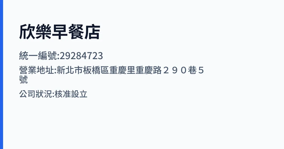 欣樂早餐店 - 統編 29284723(新北市) 公司登記資料與營業項目詳細圖表
