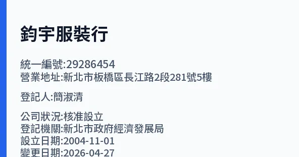 鈞宇服裝行的照片-統編 29286454(新北市) 公司登記資料與營業項目詳細圖表