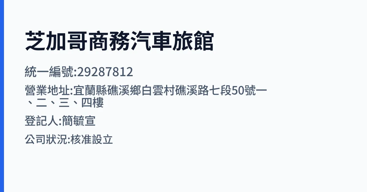 芝加哥商務汽車旅館 - 統編 29287812(宜蘭縣) 公司登記資料與營業項目詳細圖表