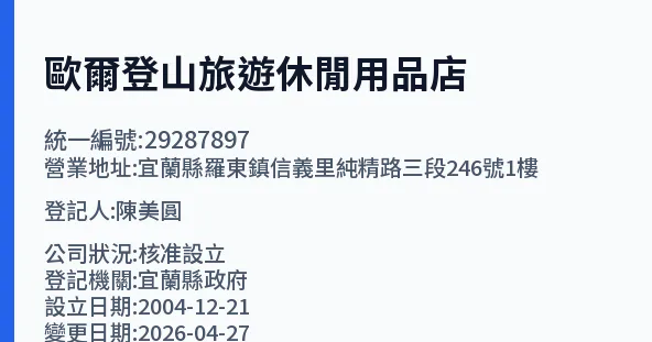 歐爾登山旅遊休閒用品店的照片-統編 29287897(宜蘭縣) 公司登記資料與營業項目詳細圖表