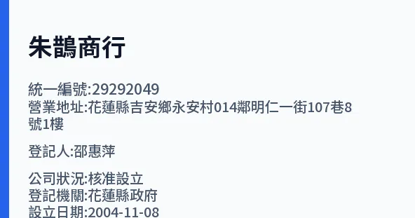 朱鵲商行的照片-統編 29292049(花蓮縣) 公司登記資料與營業項目詳細圖表