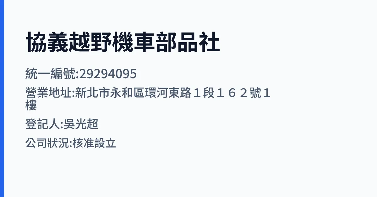 協義越野機車部品社 - 統編 29294095(新北市) 公司登記資料與營業項目詳細圖表