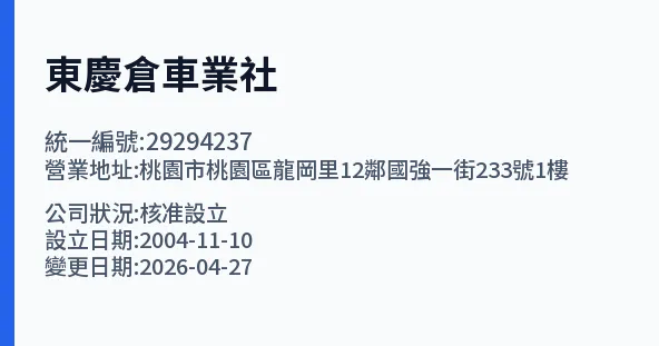 東慶倉車業社的照片-統編 29294237(桃園市) 公司登記資料與營業項目詳細圖表