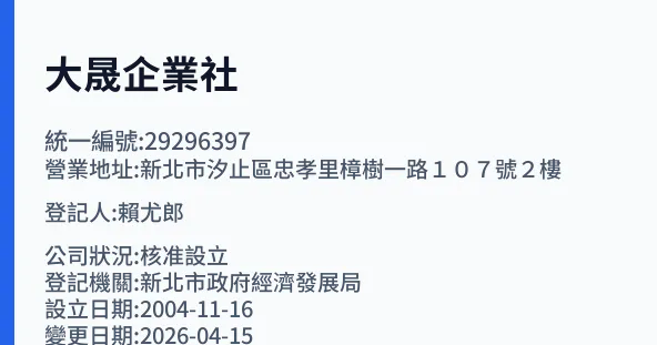 大晟企業社的照片-統編 29296397(新北市) 公司登記資料與營業項目詳細圖表