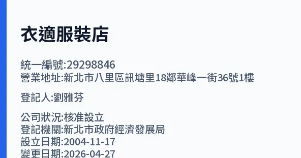 衣適服裝店的照片-統編 29298846(新北市) 公司登記資料與營業項目詳細圖表