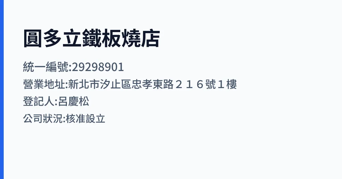圓多立鐵板燒店 - 統編 29298901(新北市) 公司登記資料與營業項目詳細圖表