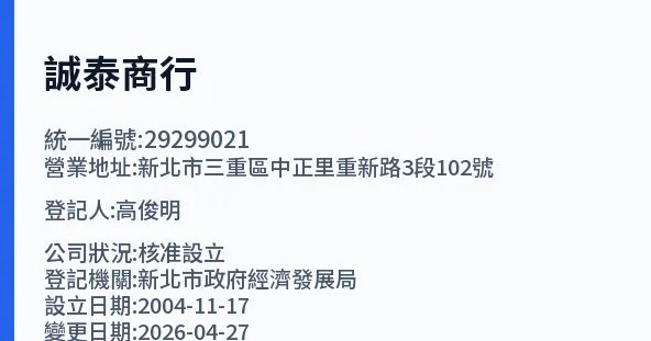 誠泰商行的照片-統編 29299021(新北市) 公司登記資料與營業項目詳細圖表