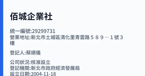 佰城企業社的照片-統編 29299731(新北市) 公司登記資料與營業項目詳細圖表