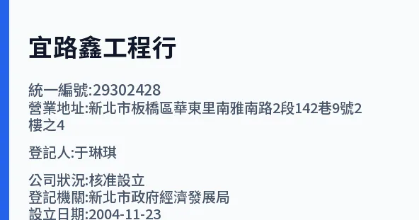 宜路鑫工程行的照片-統編 29302428(新北市) 公司登記資料與營業項目詳細圖表