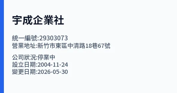 宇成企業社的照片-統編 29303073(新竹市) 公司登記資料與營業項目詳細圖表