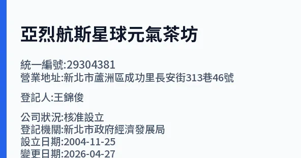 亞烈航斯星球元氣茶坊的照片-統編 29304381(新北市) 公司登記資料與營業項目詳細圖表