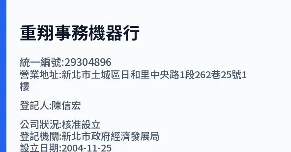 重翔事務機器行的照片-統編 29304896(新北市) 公司登記資料與營業項目詳細圖表