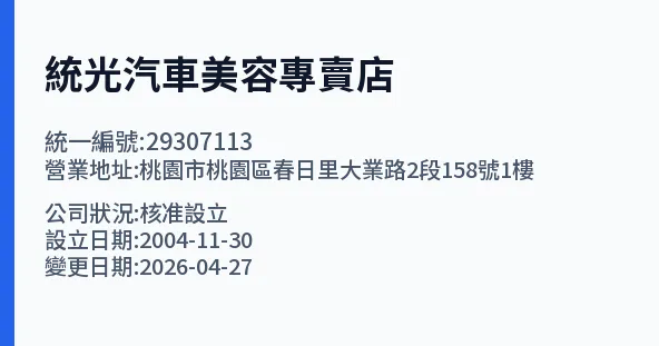 統光汽車美容專賣店的照片-統編 29307113(桃園市) 公司登記資料與營業項目詳細圖表