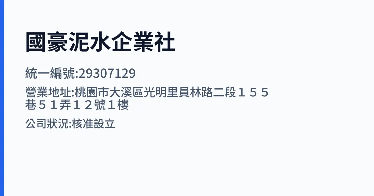 國豪泥水企業社 - 統編 29307129(桃園市) 公司登記資料與營業項目詳細圖表