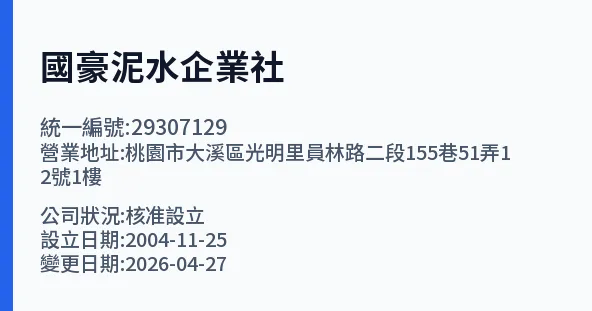 國豪泥水企業社的照片-統編 29307129(桃園市) 公司登記資料與營業項目詳細圖表