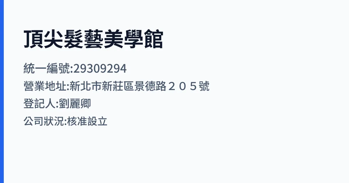 頂尖髮藝美學館 - 統編 29309294(新北市) 公司登記資料與營業項目詳細圖表