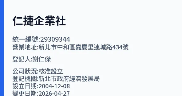 仁捷企業社的照片-統編 29309344(新北市) 公司登記資料與營業項目詳細圖表