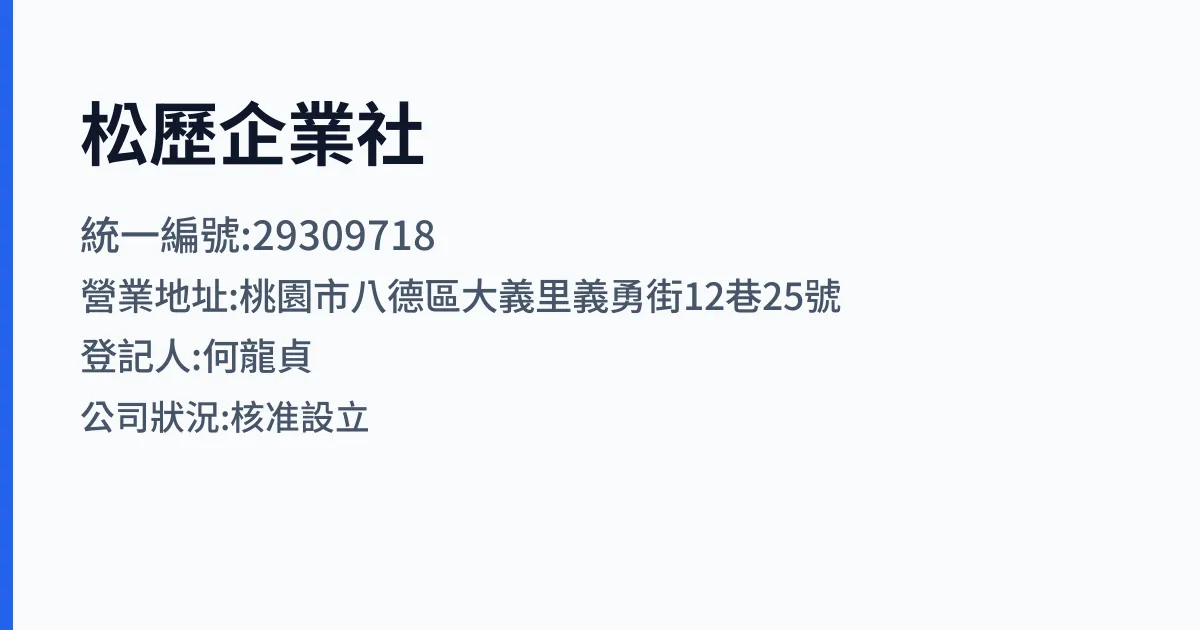 松歷企業社 - 統編 29309718(桃園市) 公司登記資料與營業項目詳細圖表