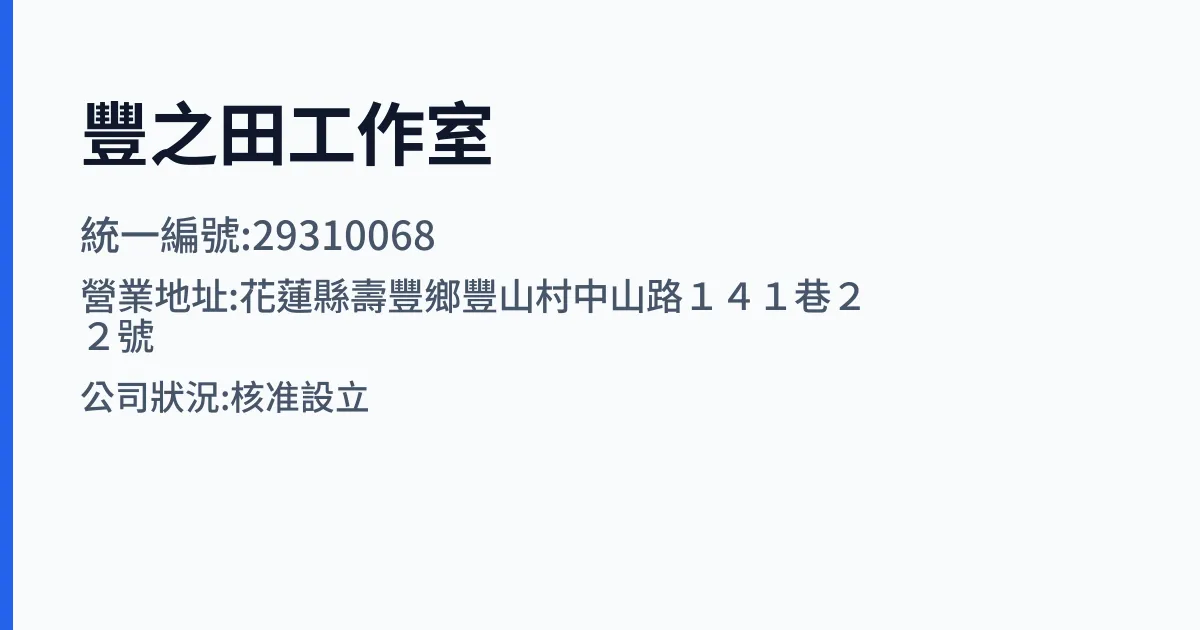 豐之田工作室 - 統編 29310068(花蓮縣) 公司登記資料與營業項目詳細圖表