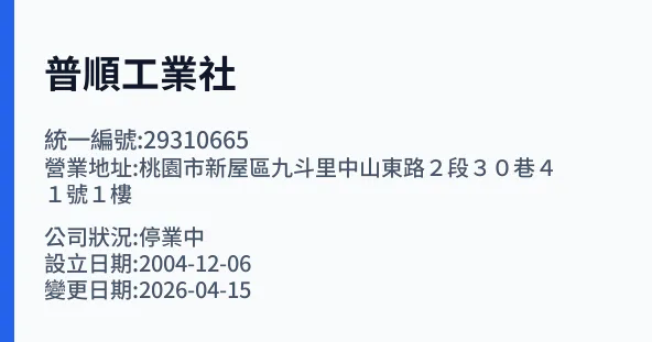 普順工業社的照片-統編 29310665(桃園市) 公司登記資料與營業項目詳細圖表