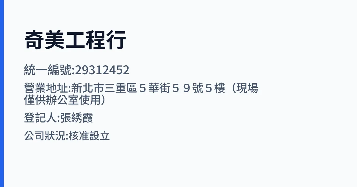 奇美工程行 - 統編 29312452(新北市) 公司登記資料與營業項目詳細圖表