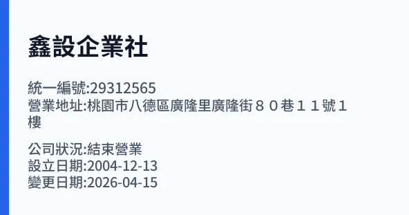 鑫設企業社的照片-統編 29312565(桃園市) 公司登記資料與營業項目詳細圖表