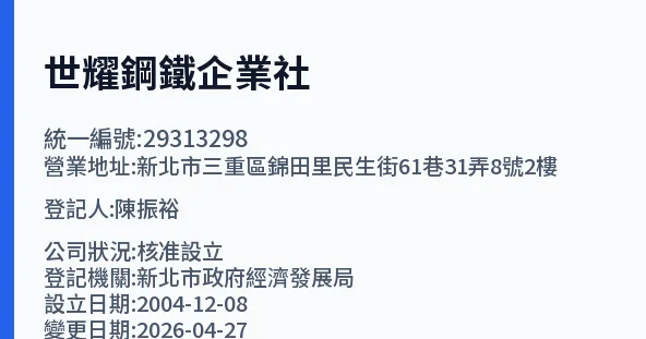 世耀鋼鐵企業社的照片-統編 29313298(新北市) 公司登記資料與營業項目詳細圖表