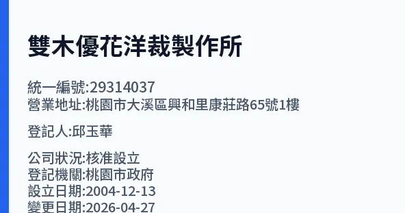 雙木優花洋裁製作所的照片-統編 29314037(桃園市) 公司登記資料與營業項目詳細圖表
