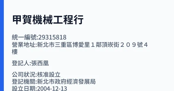 甲賀機械工程行的照片-統編 29315818(新北市) 公司登記資料與營業項目詳細圖表