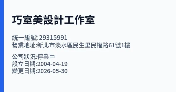 巧室美設計工作室的照片-統編 29315991(新北市) 公司登記資料與營業項目詳細圖表