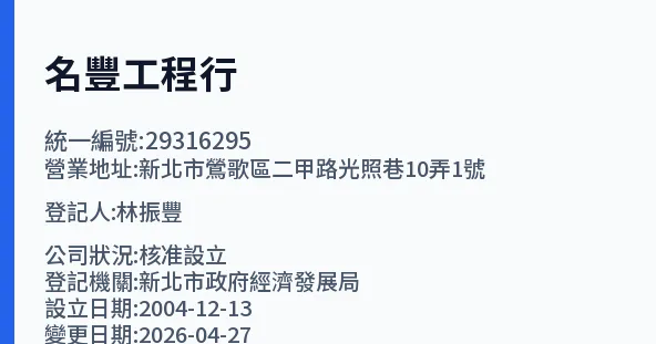 名豐工程行的照片-統編 29316295(新北市) 公司登記資料與營業項目詳細圖表
