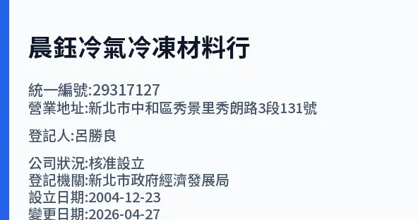 晨鈺冷氣冷凍材料行的照片-統編 29317127(新北市) 公司登記資料與營業項目詳細圖表