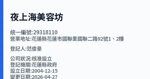 夜上海美容坊的照片-統編 29318110(花蓮縣) 公司登記資料與營業項目詳細圖表