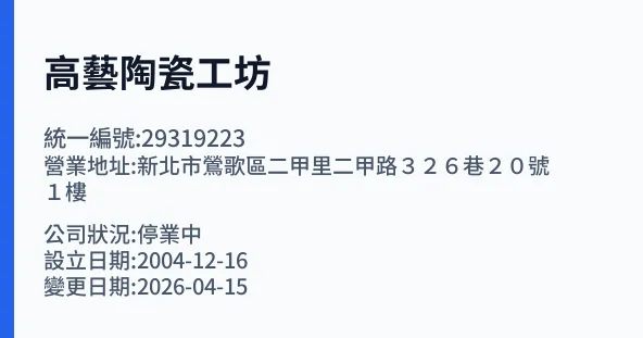 高藝陶瓷工坊的照片-統編 29319223(新北市) 公司登記資料與營業項目詳細圖表