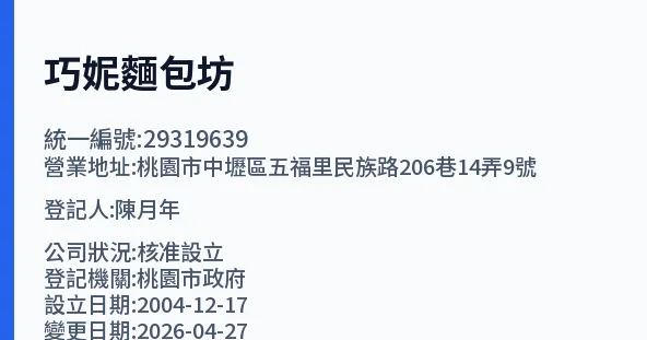 巧妮麵包坊的照片-統編 29319639(桃園市) 公司登記資料與營業項目詳細圖表