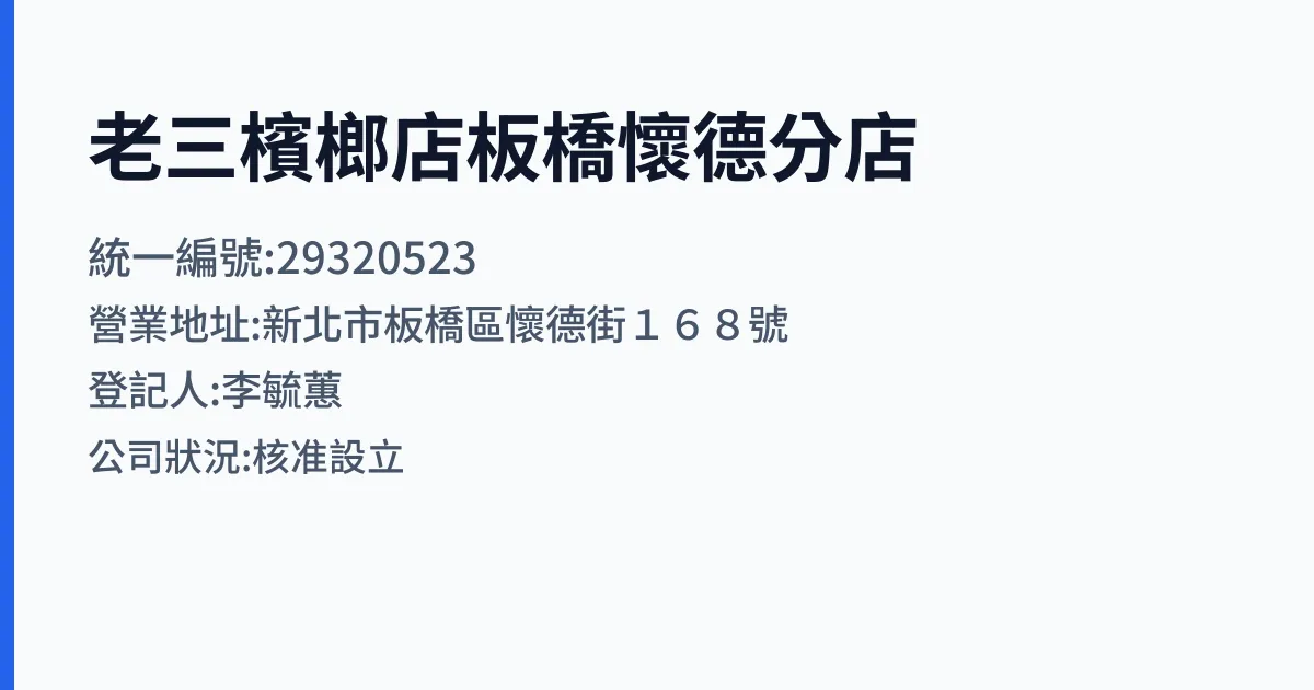 老三檳榔店板橋懷德分店 - 統編 29320523(新北市) 公司登記資料與營業項目詳細圖表