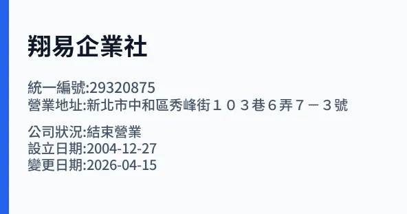 翔易企業社的照片-統編 29320875(新北市) 公司登記資料與營業項目詳細圖表