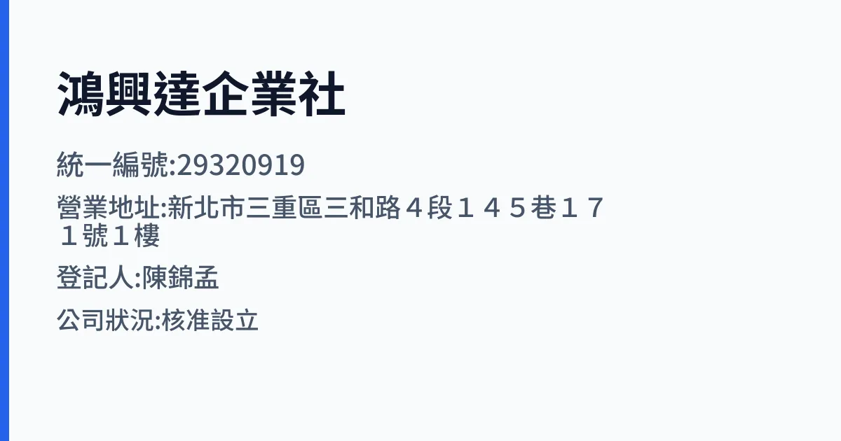 鴻興達企業社 - 統編 29320919(新北市) 公司登記資料與營業項目詳細圖表