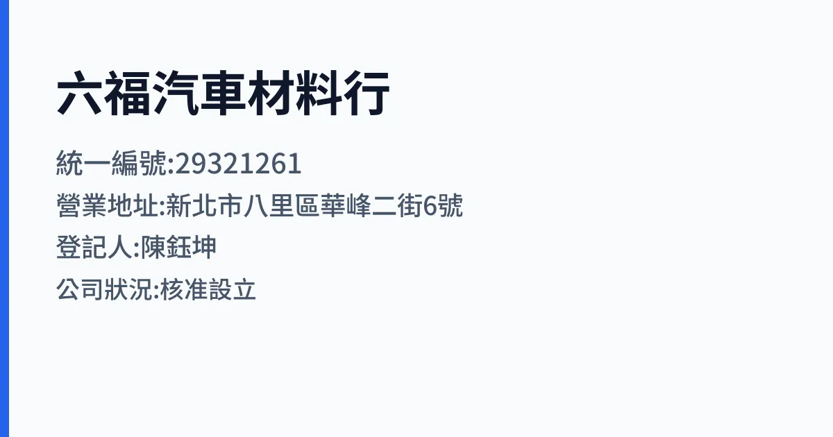 六福汽車材料行 - 統編 29321261(新北市) 公司登記資料與營業項目詳細圖表
