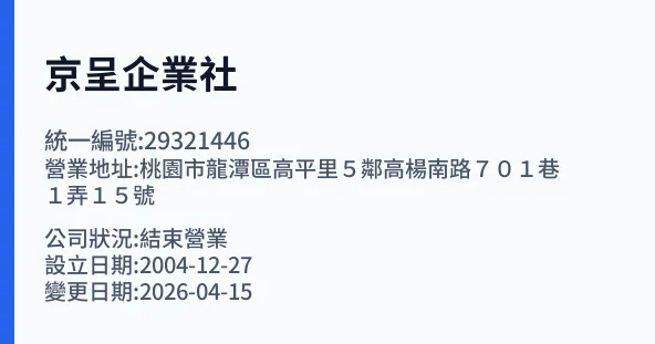京呈企業社的照片-統編 29321446(桃園市) 公司登記資料與營業項目詳細圖表