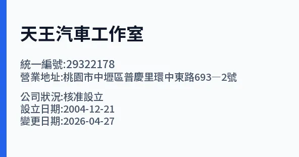 天王汽車工作室的照片-統編 29322178(桃園市) 公司登記資料與營業項目詳細圖表