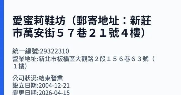 愛蜜莉鞋坊(郵寄地址:新莊市萬安街57巷21號4樓)的照片-統編 29322310(新北市) 公司登記資料與營業項目詳細圖表